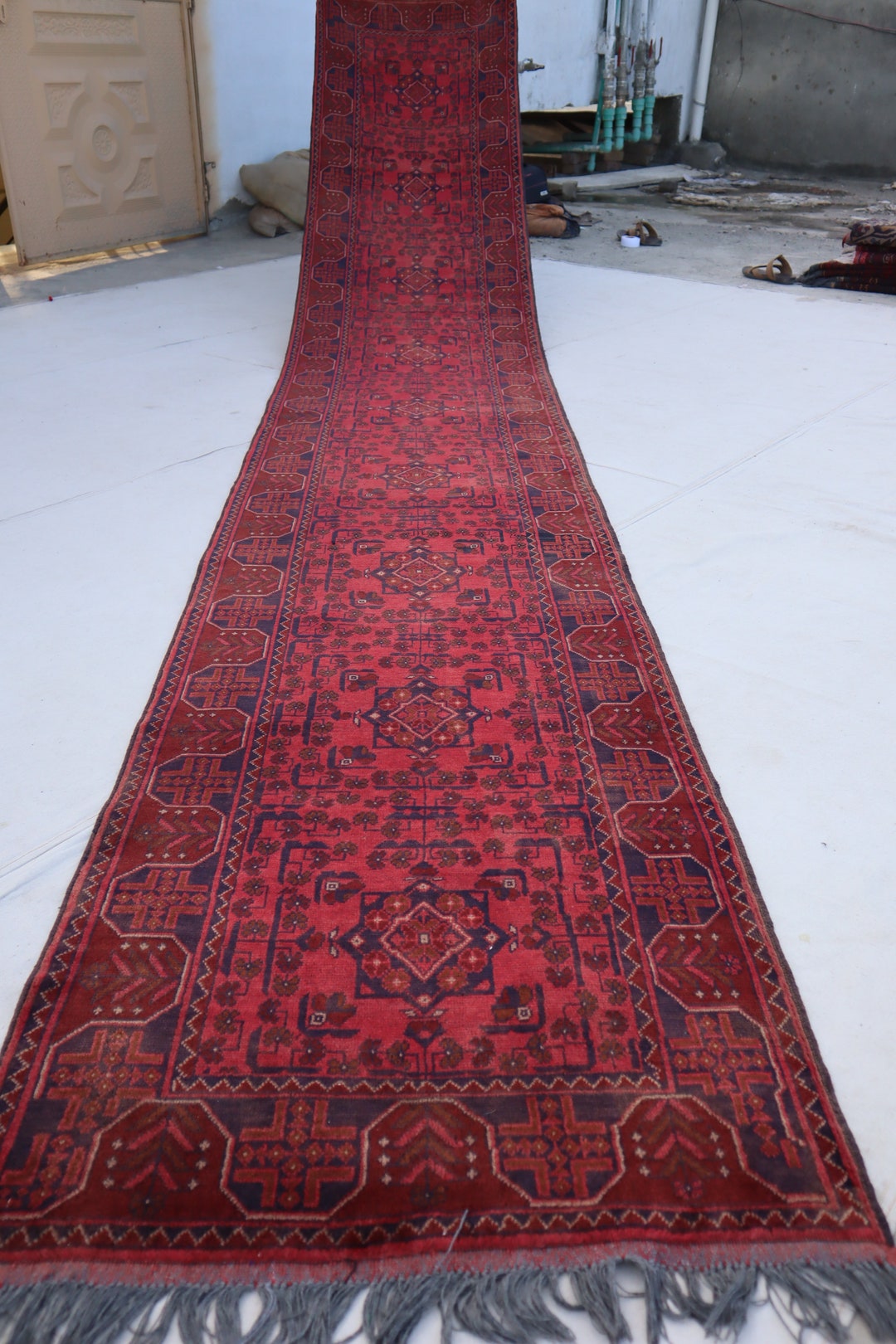 16 Ft Runner Rug, Red Khal Muhammadi Design Bukhara Rug, Fine Handmade ...