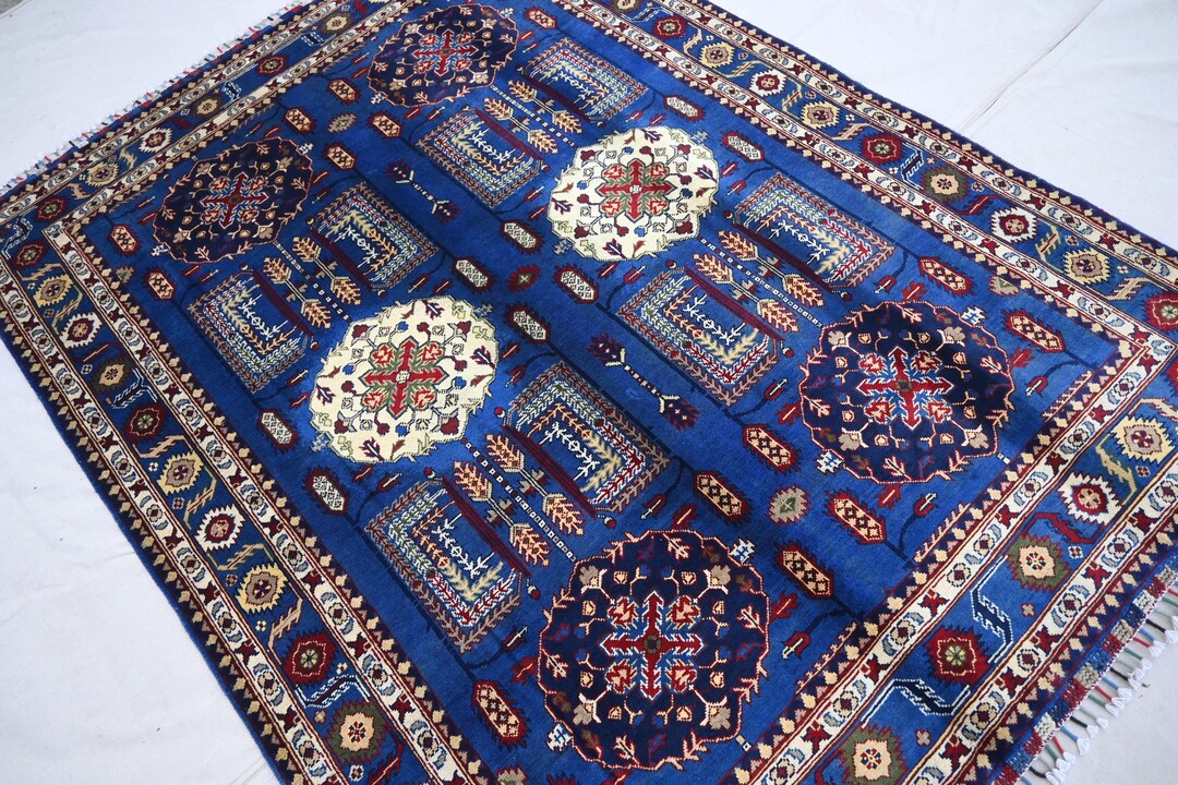 5x7 Blue Afghan Bukhara Rug 4'10x6'6" Turkmen Gandumi Design Rug ...