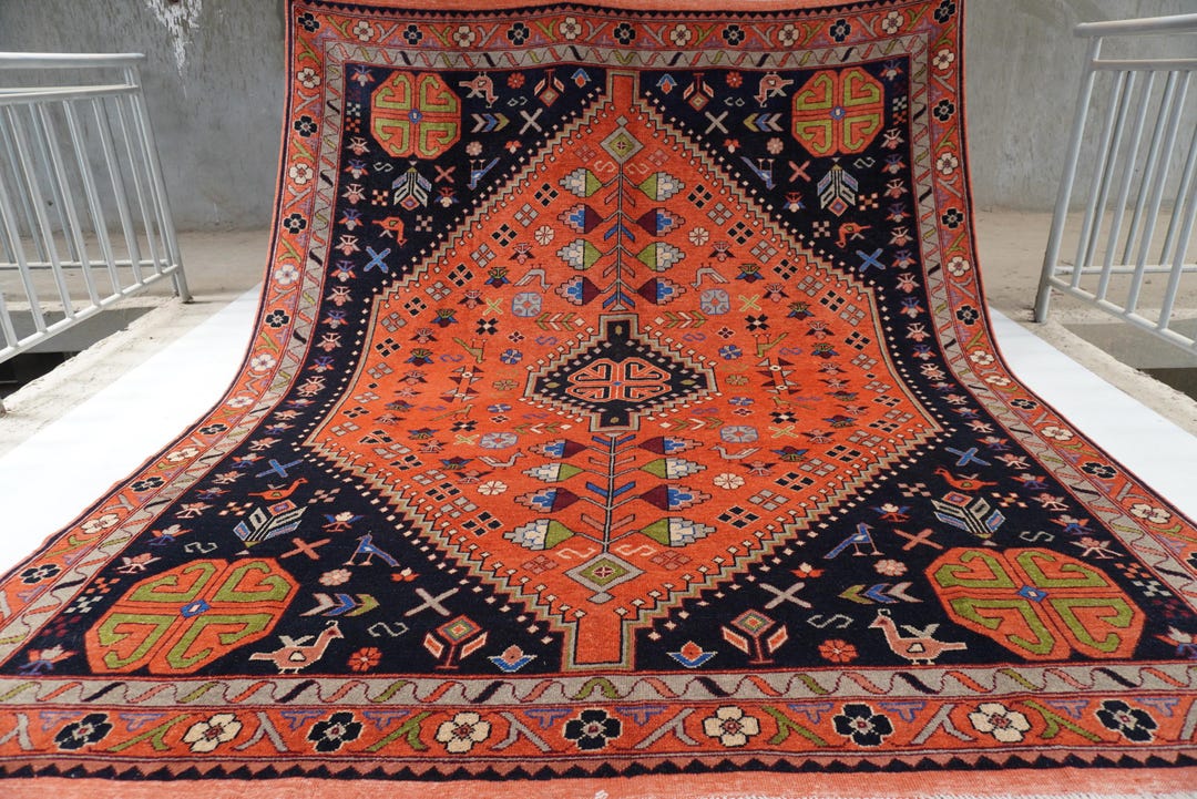 Orange Rug 8x10 Afghan Caucasian Design, Turkmen Handmade Wool Area Rug ...