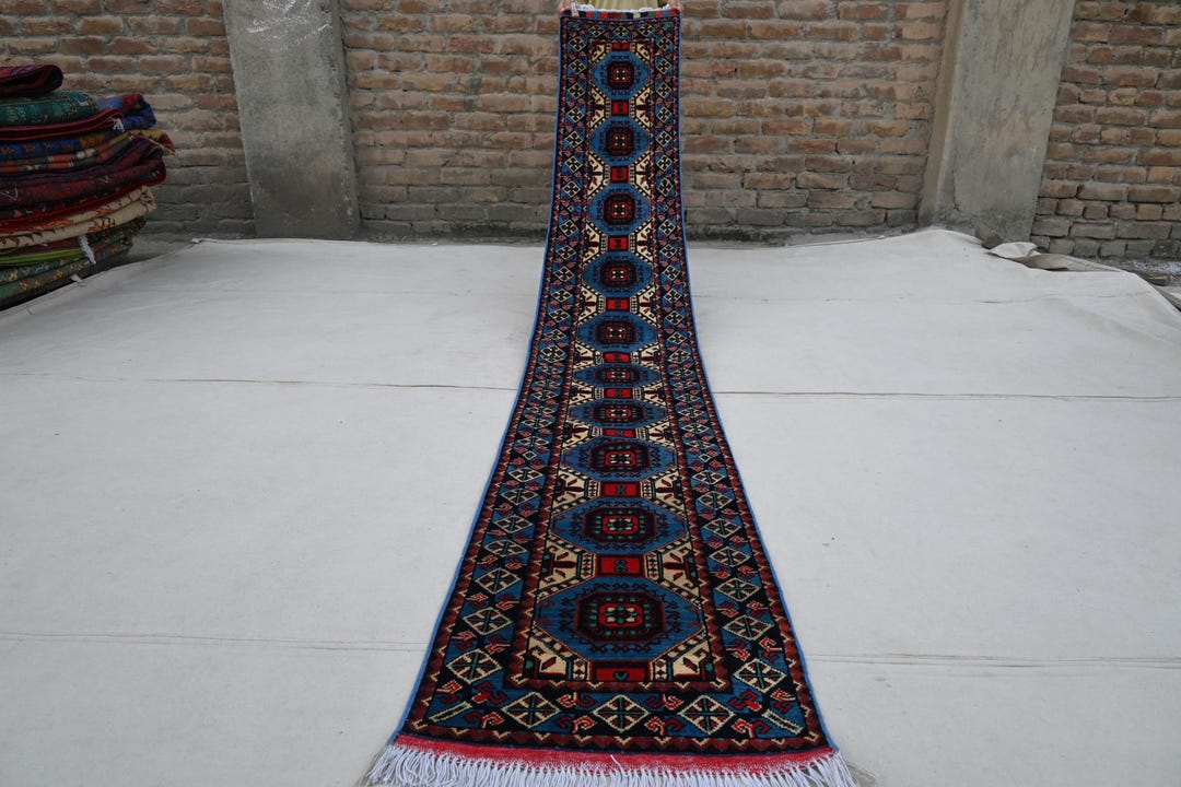 10 Ft Runner Rug 2x10 Afghan Handmade Rug, Blue Sarique Design Wool Rug ...