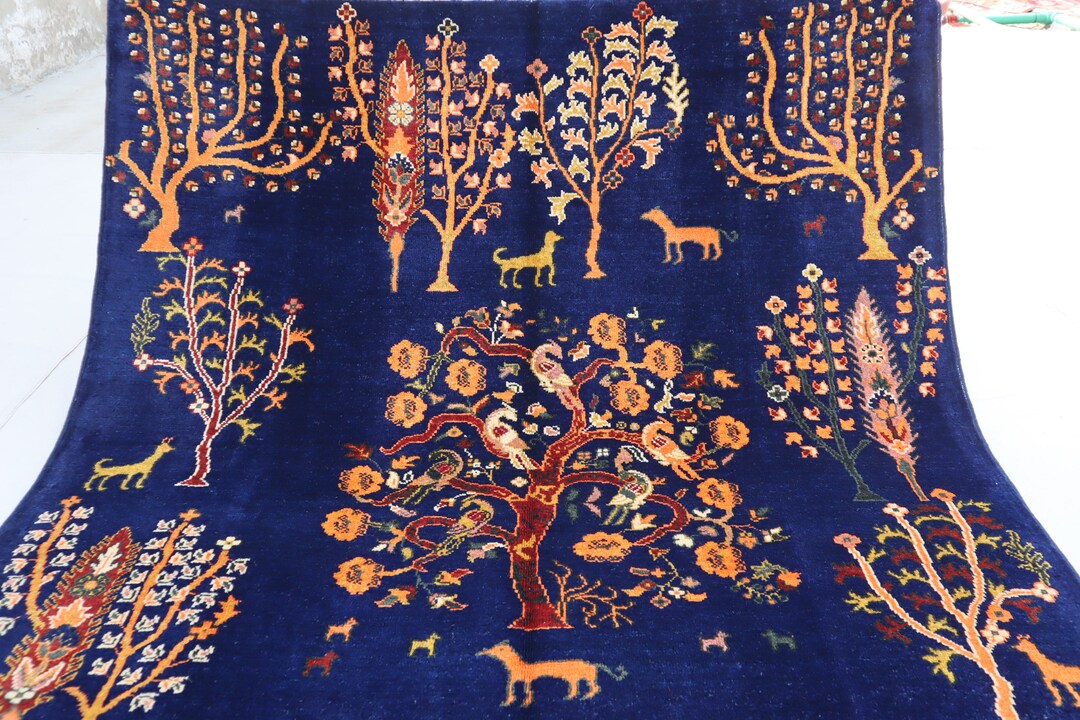 4'9x6'7 Ft Navy Blue Tree of Life Rug, One of Kind Afghan Handmade Wool ...