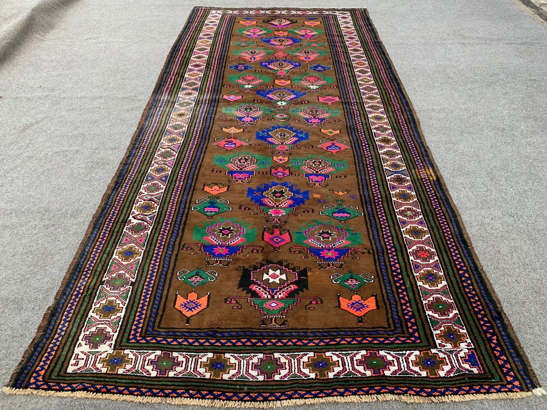 4x9 Collectors Piece 1950s Antique Brown Wide Runner Rug, Afghan ...