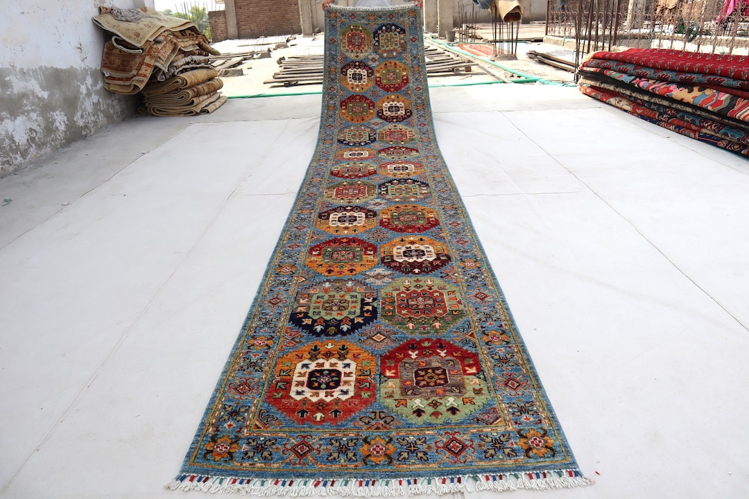 15 Ft Runner Rug, Blue Sultani Rug Afghan Waziri Design Natural Veg ...