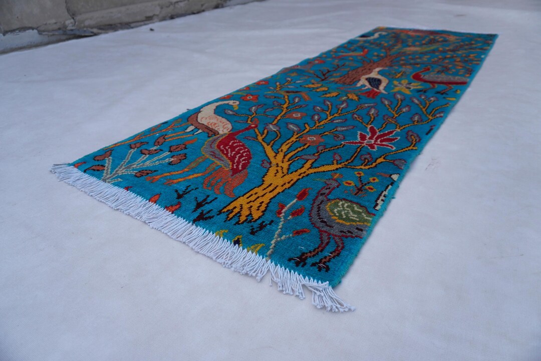 2'2x6'7 Ft Turquoise Rug 7 Ft Runner Rug, Handmade Pictorial Rug Afghan ...