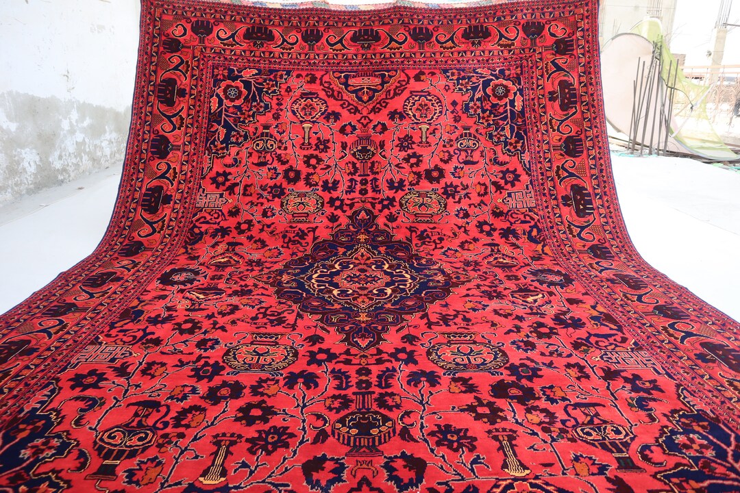 13x9 Ft Large Afghan Rug, Hand Knotted Zer Khaki Geometric Bukhara Rug ...