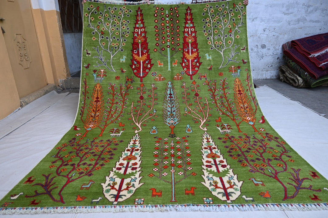 8x6 Fern Green Tree of Life Rug, Afghan Handmade Wool Pictorial Area ...