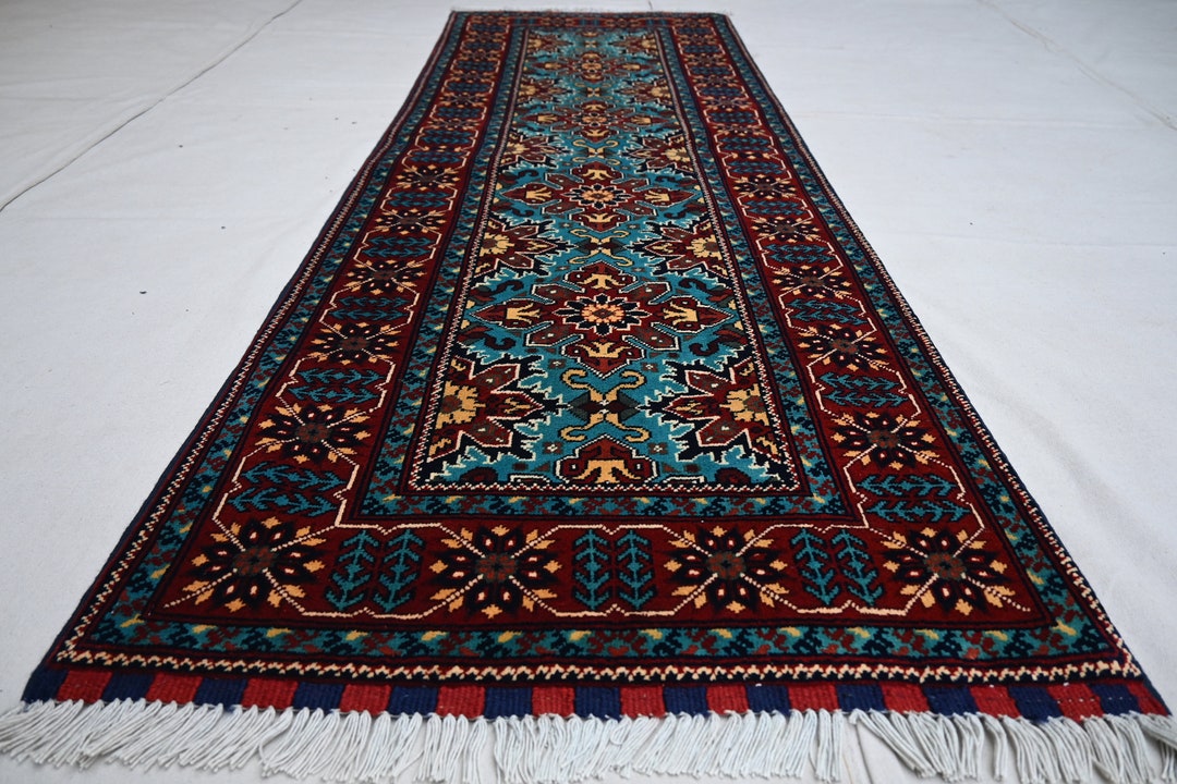 7 Ft Runner Rug, Turkmen Kazak Design Blue Bukhara Rug, Tribal Afghan ...