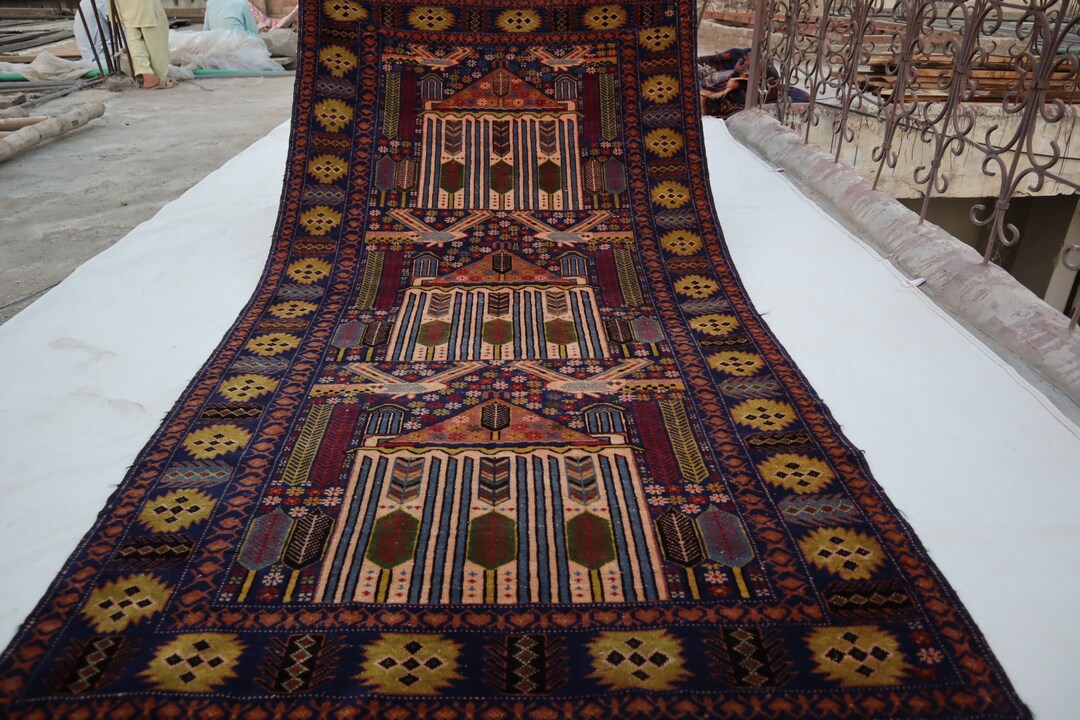Vintage Pictorial Rug 4x8 Ft Afghan Navy Blue Baluchi Carpet, High Pile ...