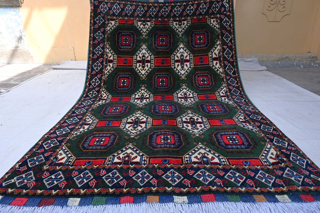 Green Beige 3x5 Unique Design Afghan Patnoos Gull Bukhara Rug, Handmade ...