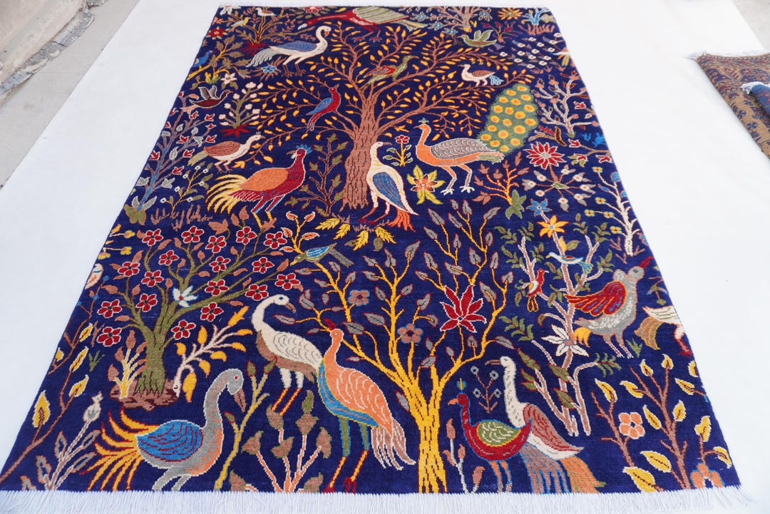 Peacocks Birds Trees Pictorial Rug 8x6 Handmade Wool Rug, Afghan Navy ...