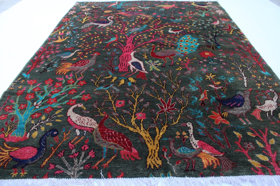 Dark Green Rug 6x8 Afghan Pictorial Rug, Hand Knotted Fine Wool Rug ...