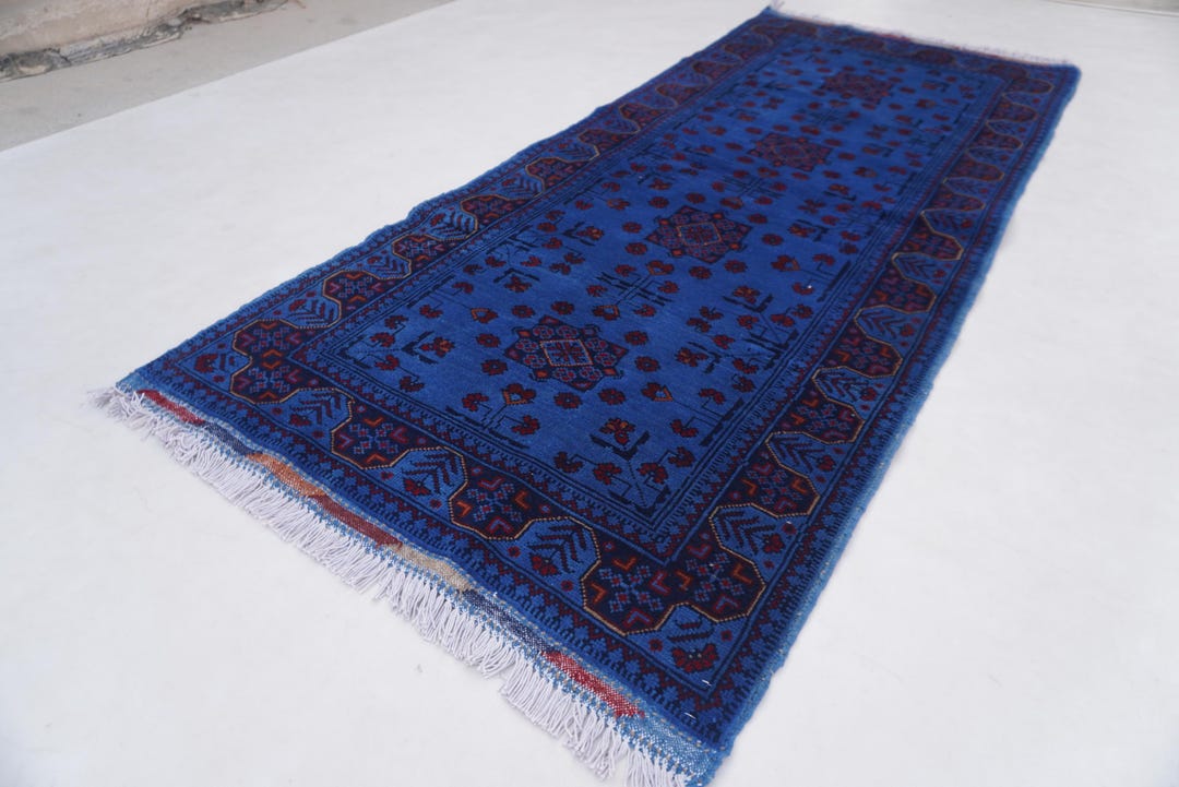 3x7 Rich Blue Runner, Tribal Bukhara Rug, Top Quality Afghan Handmade ...