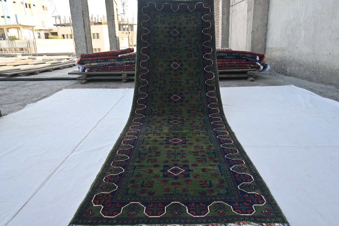 10 Ft Green Runner Rug 2'9x10 Ft Hand Knotted Wool Rug, Tribal Turkmen ...