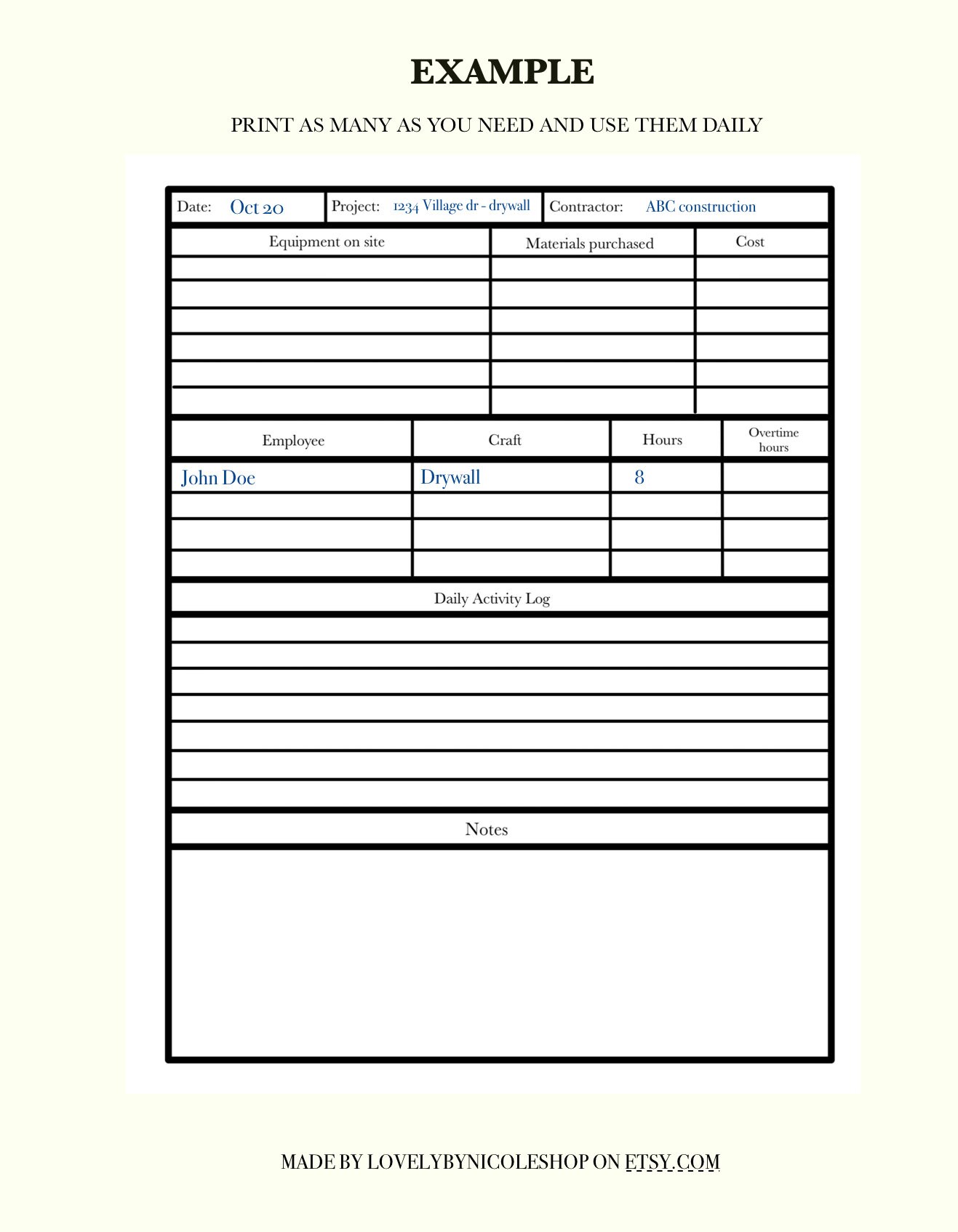 Construction Daily Job Log - Etsy