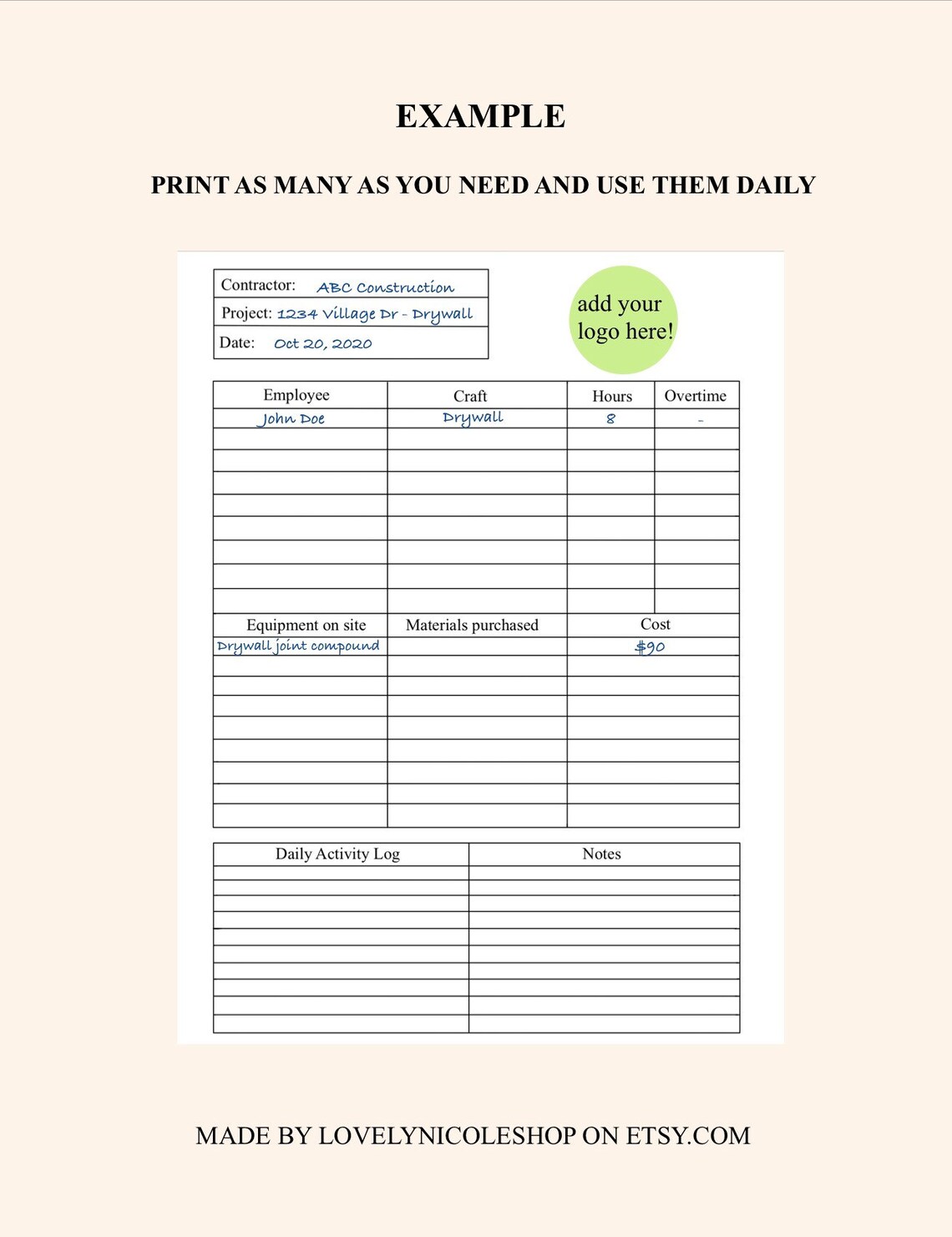 Construction Daily Job Log WITH Logo Space - Etsy