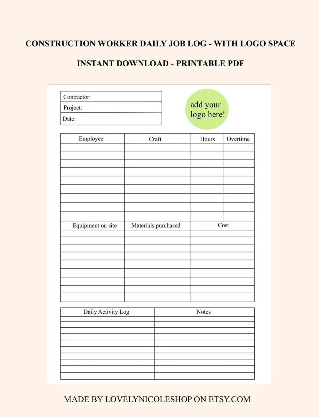 Construction Daily Job Log WITH Logo Space - Etsy