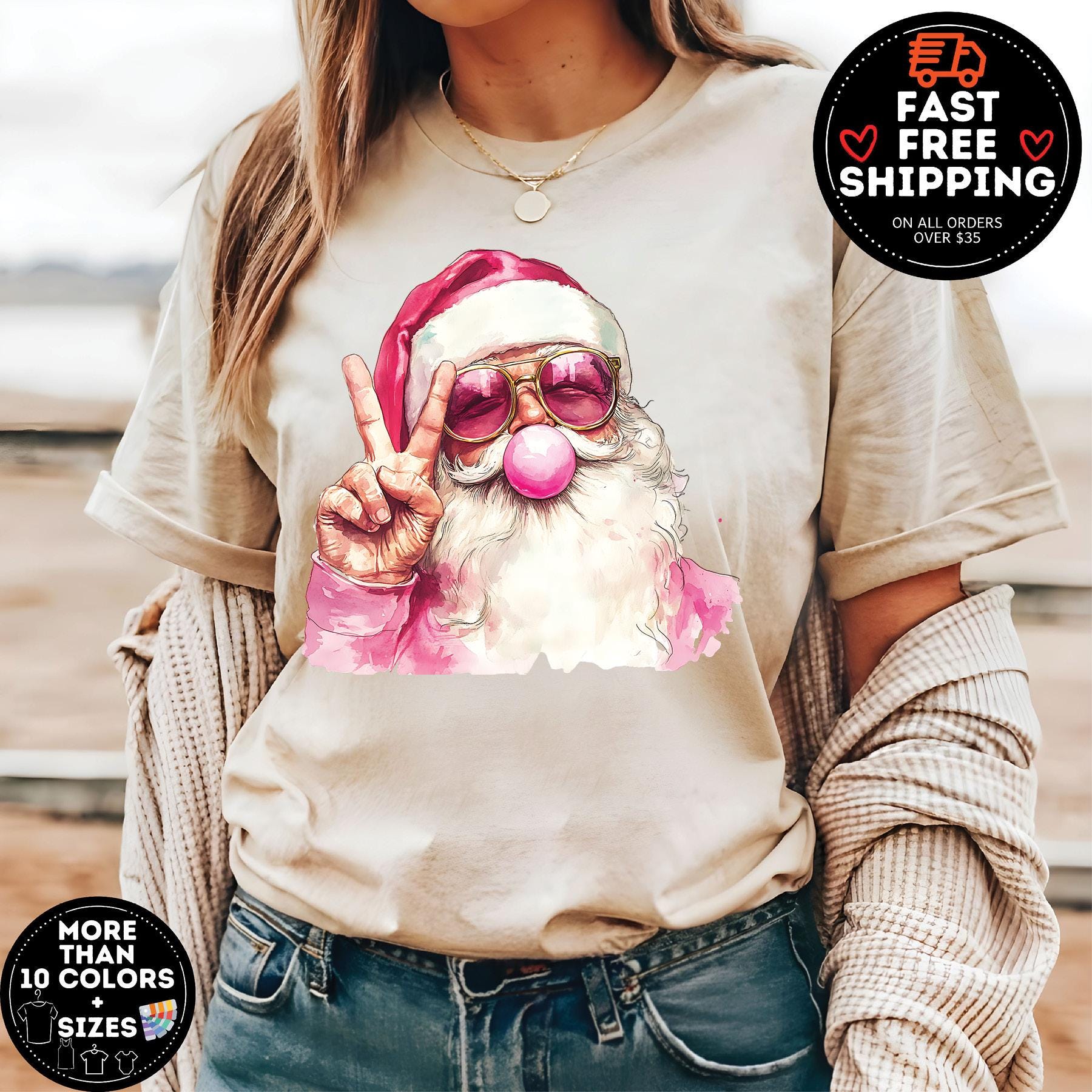 Pink Santa Bubble Gum Shirt, Christmas Blowing Bubble Tshirt, ,pink ...
