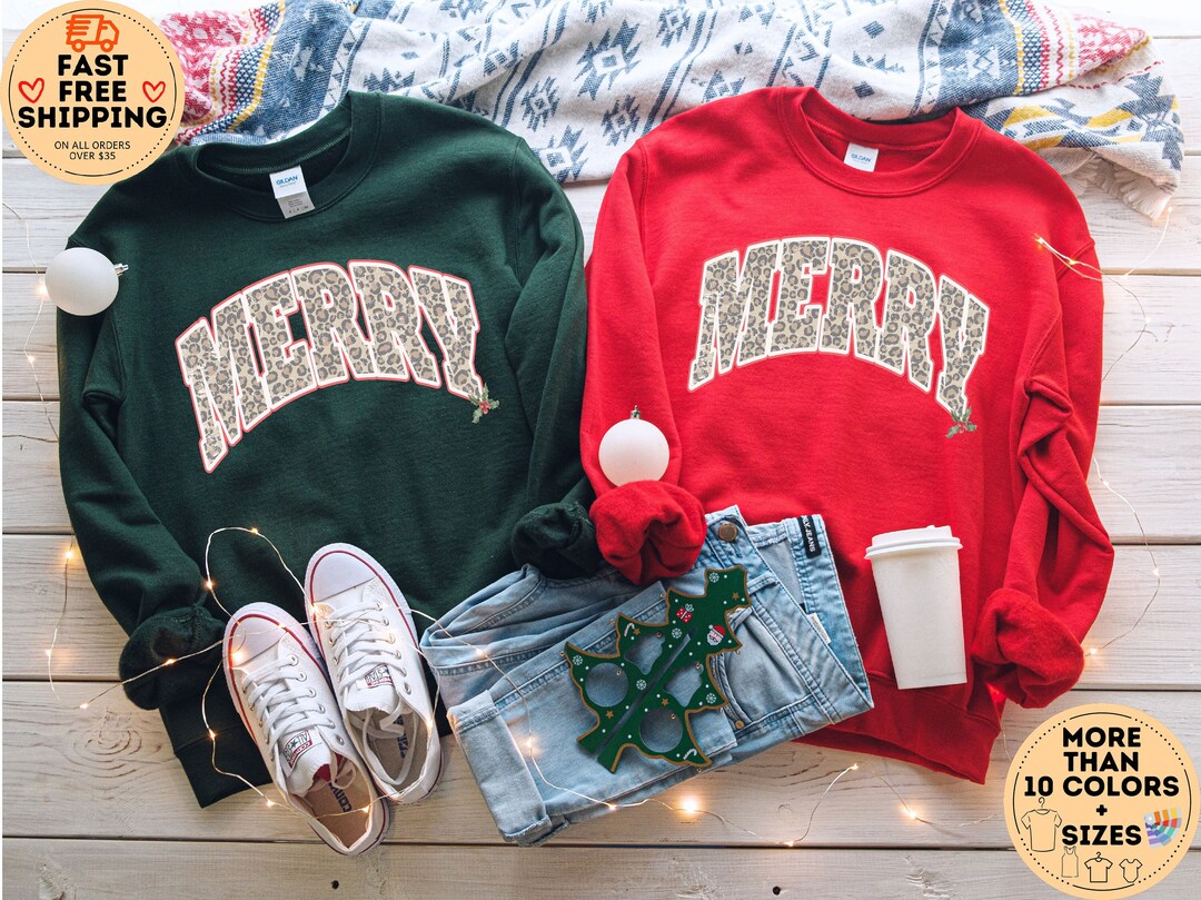 Leopard Merry Sweatshirt, Christmas Sweatshirt for Women, Holiday ...