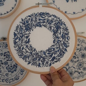 Indigo Blue Wreath Embroidery DIY Kit - Beginner Needlework (PDF ...