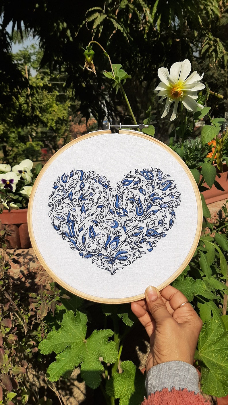 Indigo Blue Heart Embroidery DIY Kit, Beginner Needlework (PDF Pattern ...