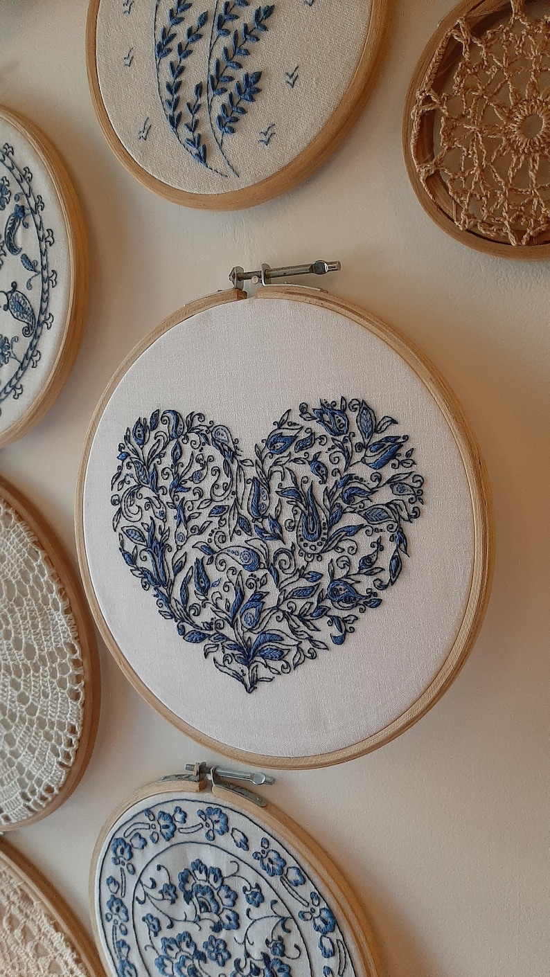 Indigo Blue Heart Embroidery DIY Kit, Beginner Needlework (PDF Pattern ...