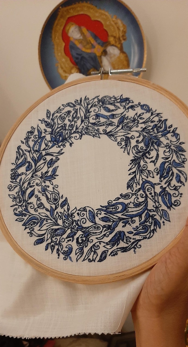 Indigo Blue Wreath Embroidery DIY Kit - Beginner Needlework (PDF ...