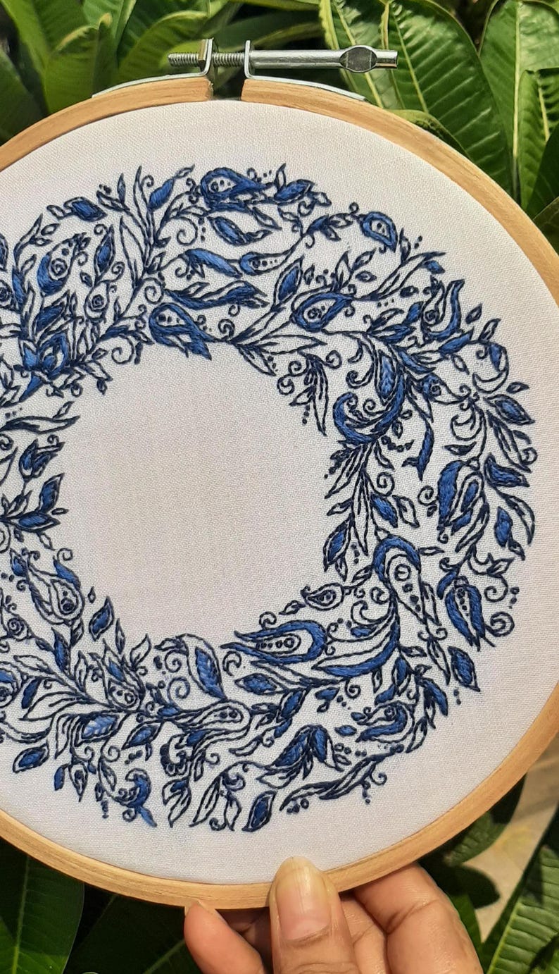 Indigo Blue Wreath Embroidery DIY Kit - Beginner Needlework (PDF ...