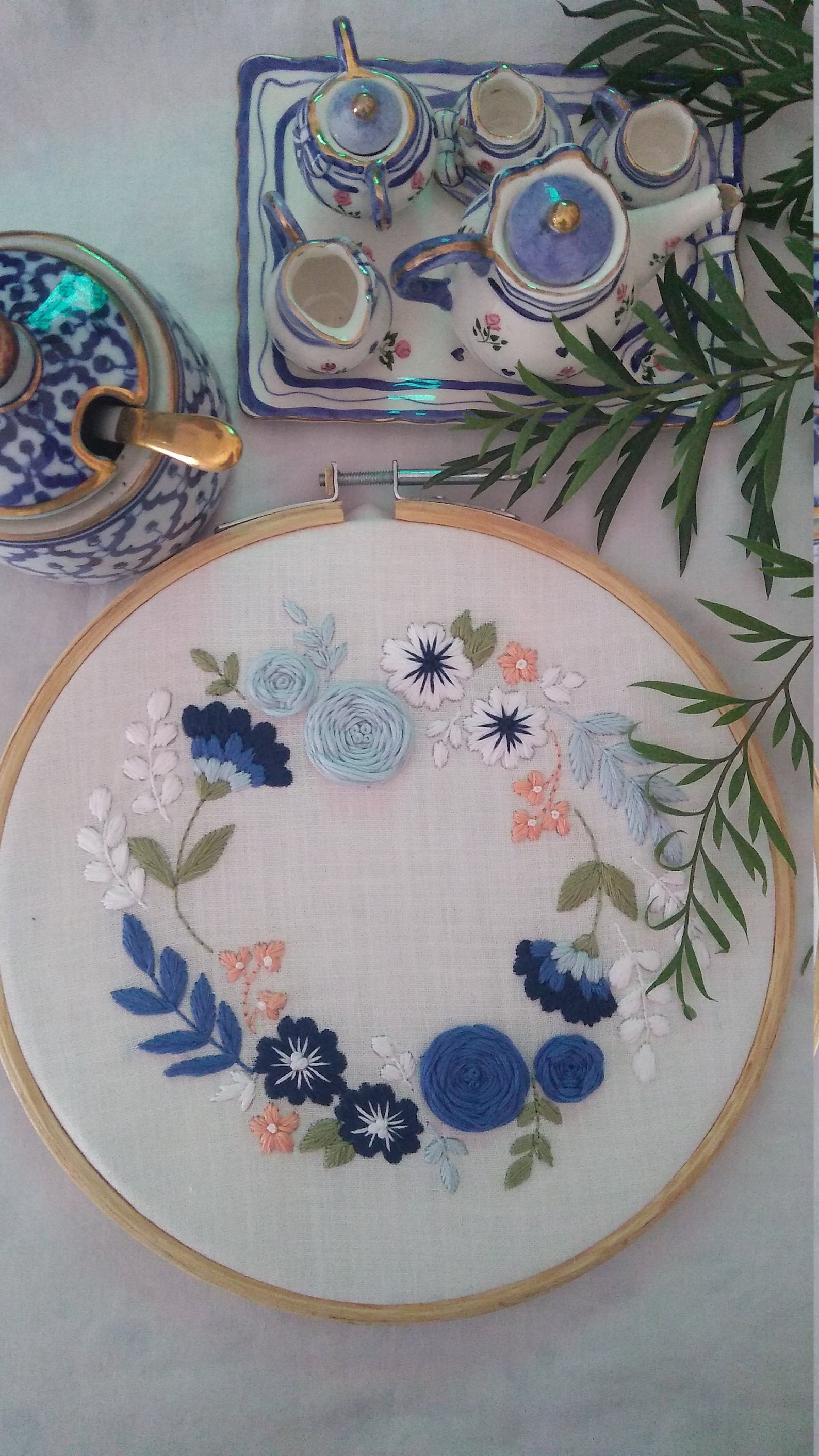 Blue and White Rose Embroidery Kit Nature Embroidery Green - Etsy