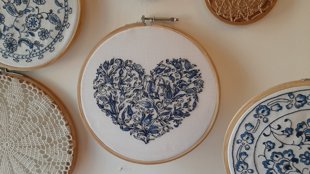 Indigo Blue Heart Embroidery DIY Kit, Beginner Needlework (PDF Pattern ...