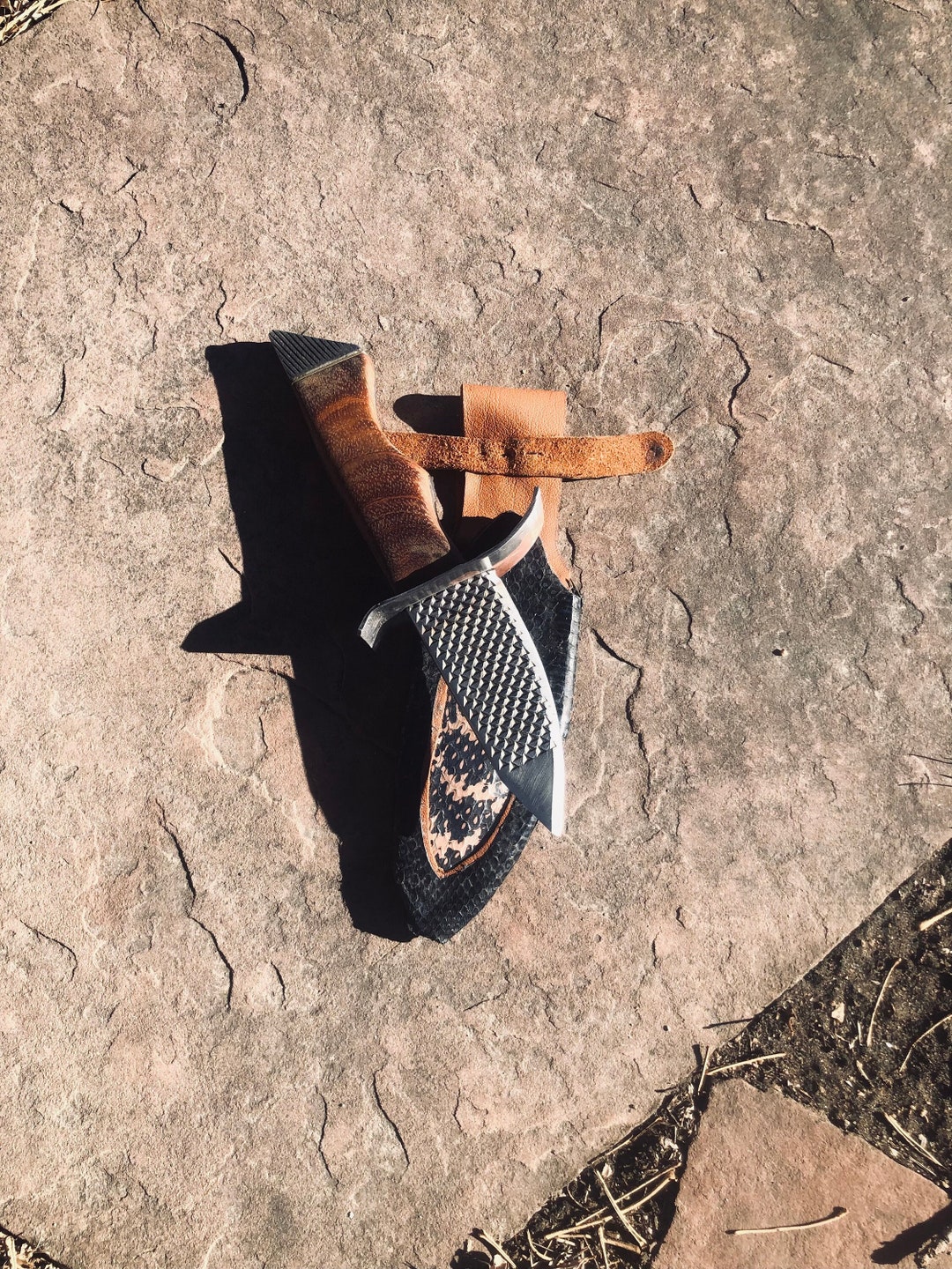 Rasp Knife With Snake Skin Sheath and Copper Damascus Guard. Hand ...