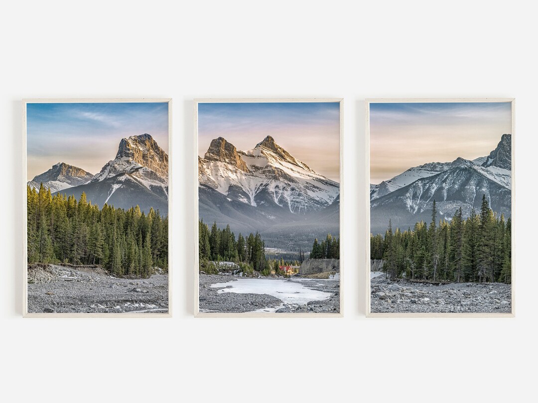 Snowy Mountain Scenery, Set of 3 Prints, Small Town Poster, Rustic Home ...