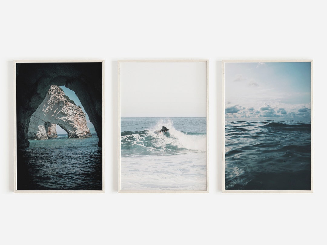 Ocean Water Print Set, Dark Ocean Decor, Surfer Catching Waves, Ocean ...