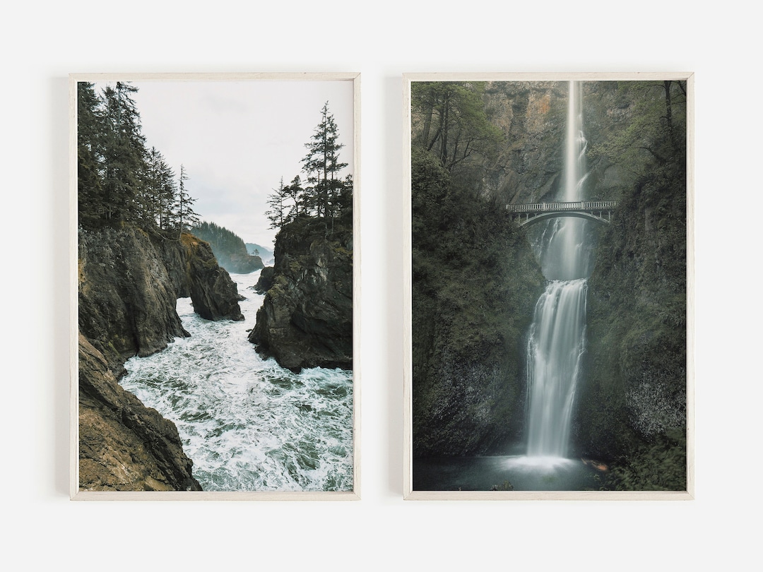 Coastal Oregon Print Set, Set of 2 Prints, Waterfall in Forest, Pine ...