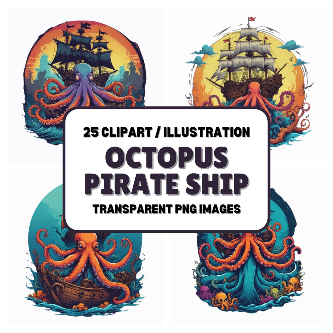 Octopus Pirate Ship Clipart, Octopus Clipart, Pirate Illustration, Ship ...