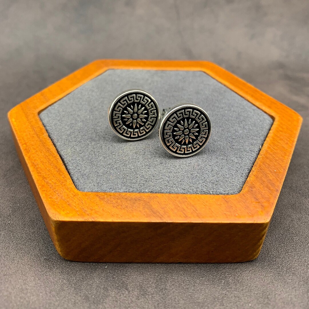 925 Sterling Silver Vergina Sun Cufflinks. Greek Sun Cuff Links. Argead ...