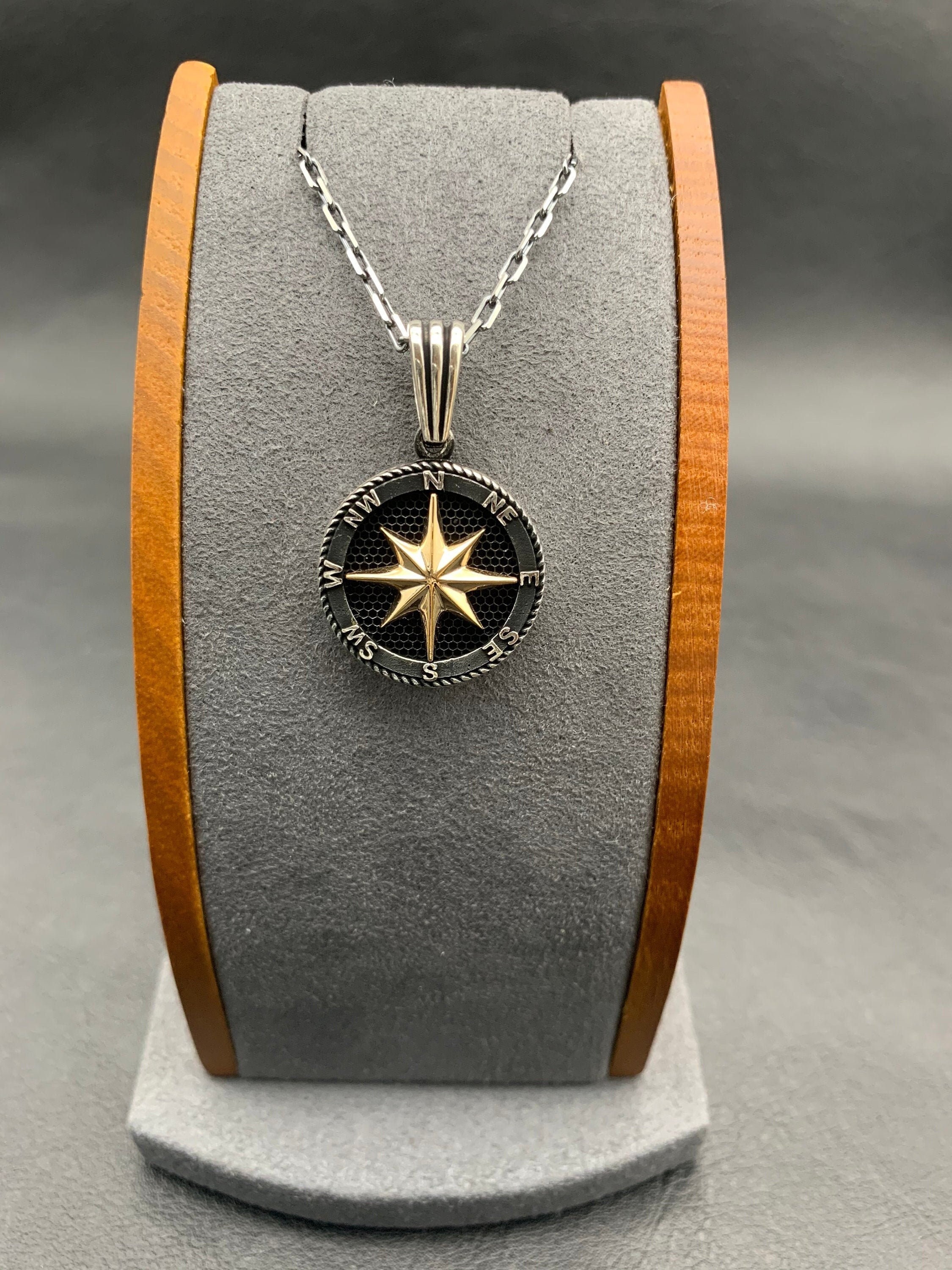 925 Sterling Silver Black Compass Pendant Necklace and Chain. Stylish ...