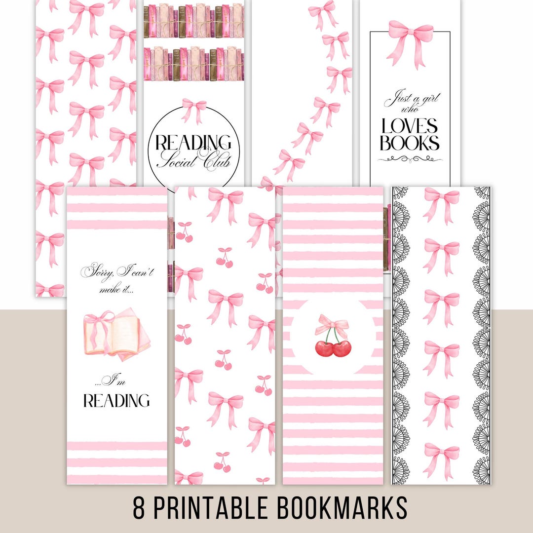 Coquette Printable Bookmarks Bundle, 8 Bookmarks Design, Girly Bows ...