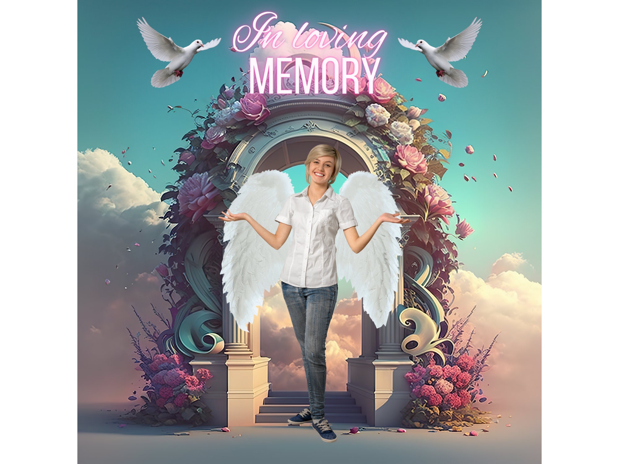 In Loving Memory,heaven Gate,memorial Background,angel Wings,blue Sky ...