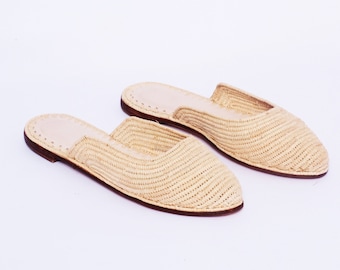 Raffia Shoes Handmade Slippers Summer Mules Moroccan Shoes Raphia Flats ...