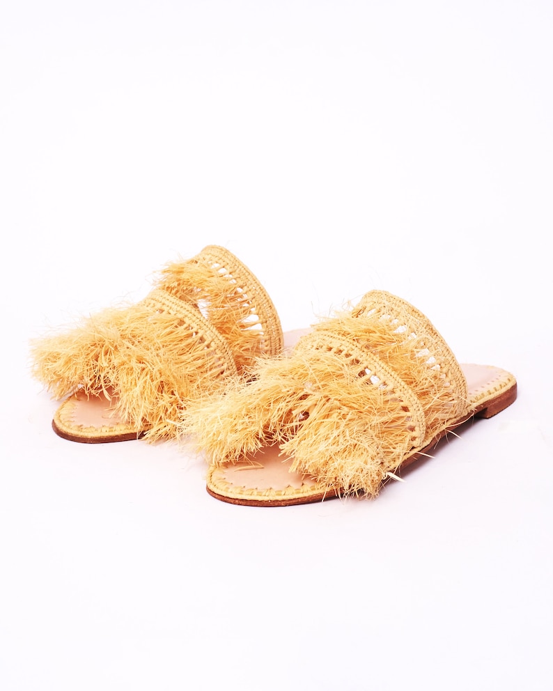 Natural Beige Raffia Fringe Slides Boho Chic Slides, Handmade Natural ...