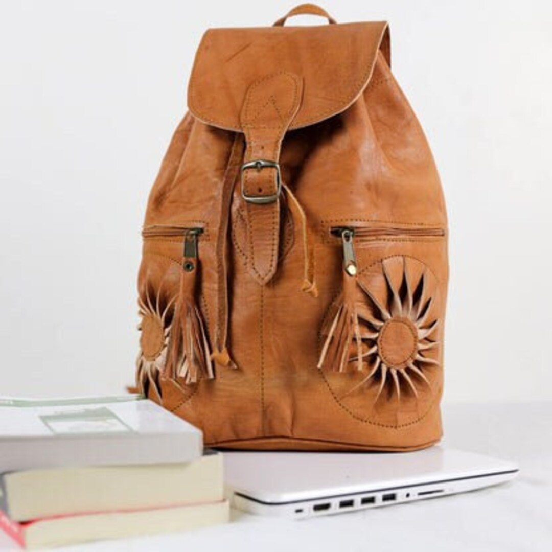 Bohemian Chic Leather Backpack Vintage-inspired Sunflower Carving With ...