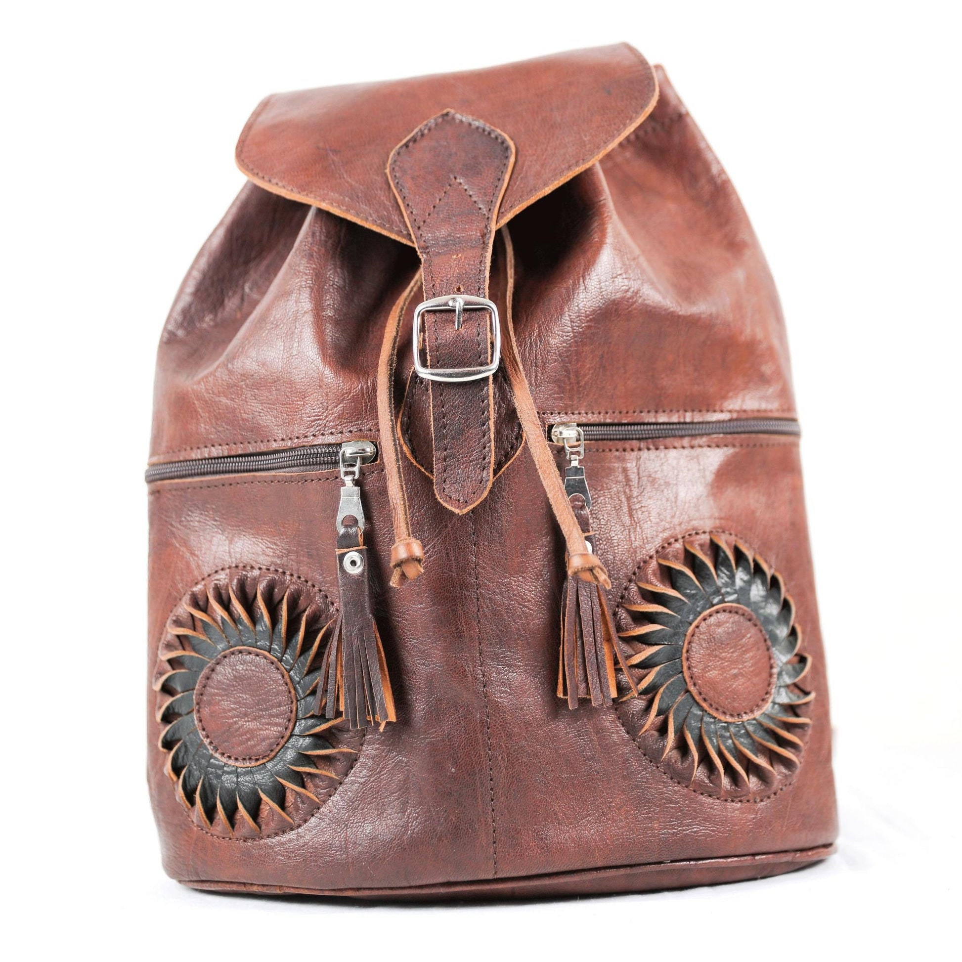 Bohemian Chic Leather Backpack Vintage-inspired Sunflower Carving With ...