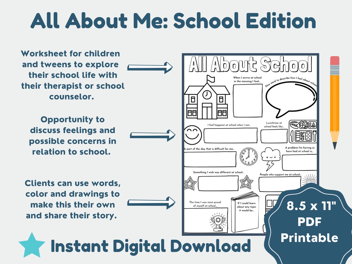 All About Me School Worksheet: Child Therapy Activity (printable PDF ...