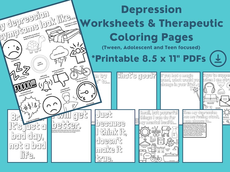 Depression Therapy Worksheets- Tween Adolescent Teen Mental Health ...