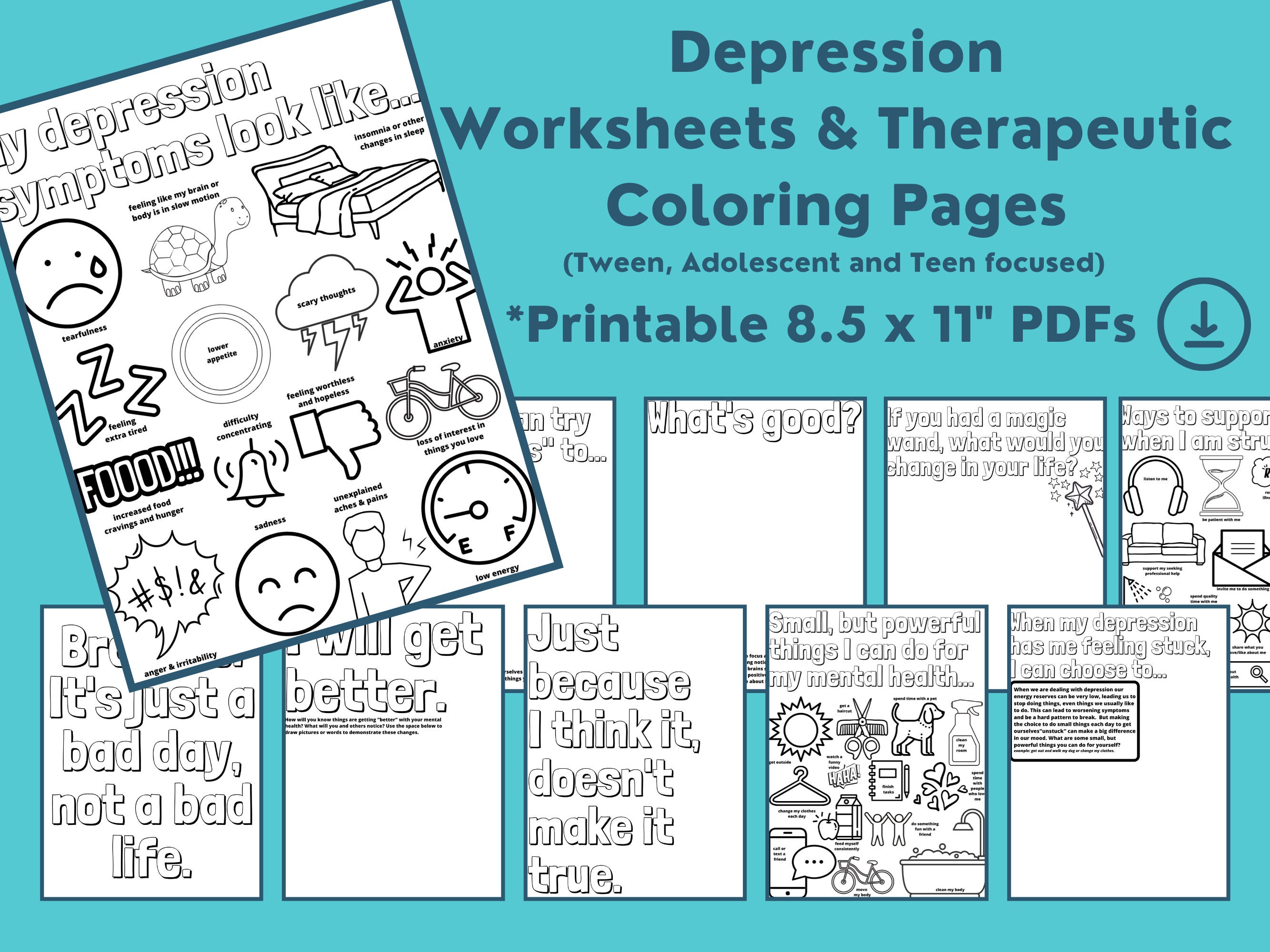 Depression Therapy Worksheets- Tween Adolescent Teen Mental Health ...