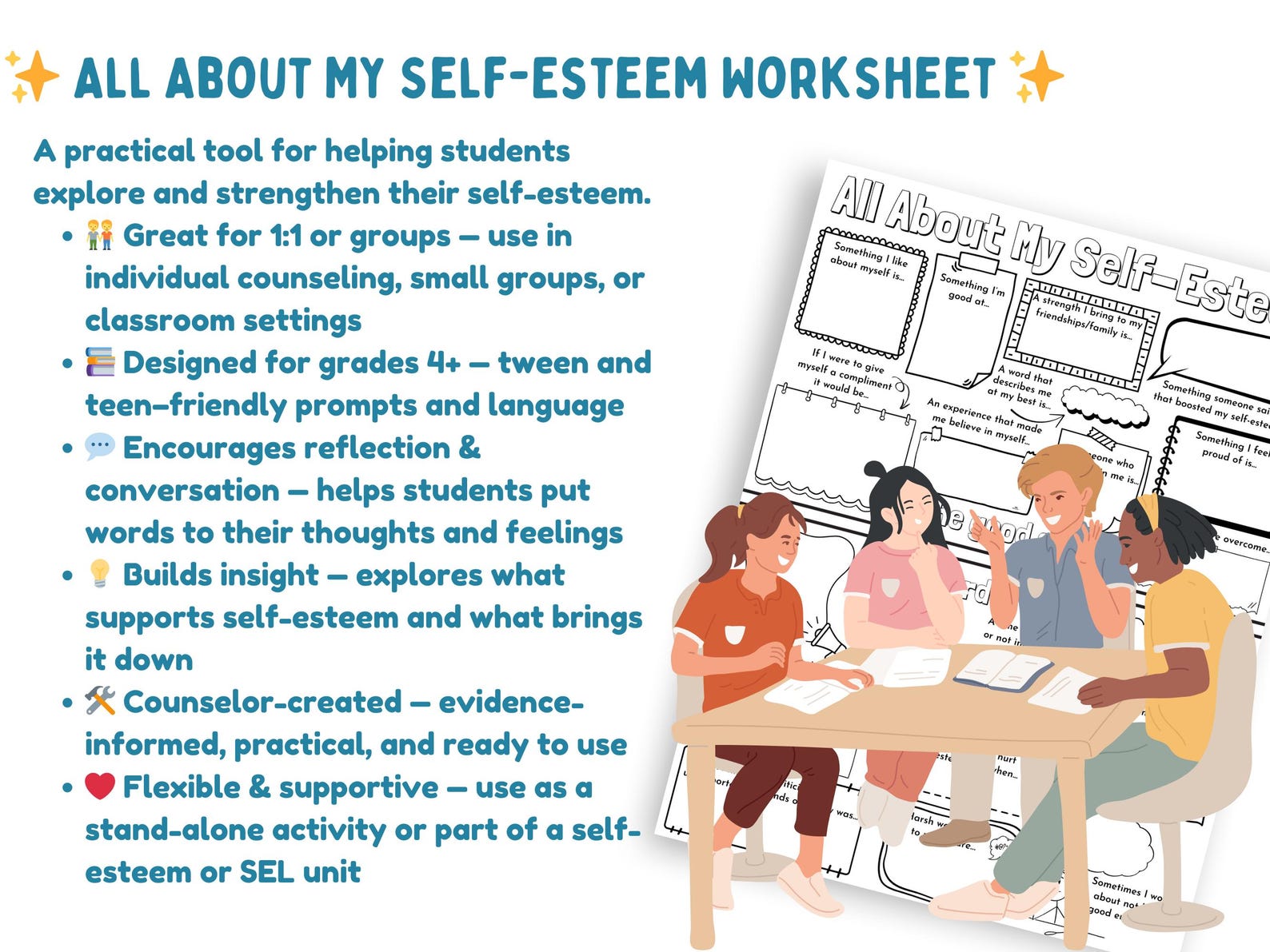 All About My Self-esteem Worksheet Tweens and Teens Guidance Adjustment ...