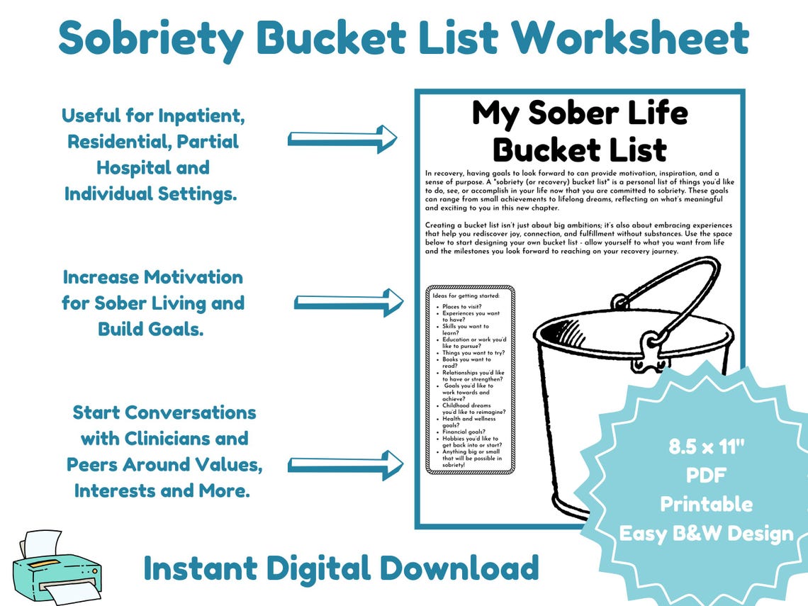 Sober Recovery Bucket List Addiction Counseling Group Therapy Worksheet Substance Use Recovery ...