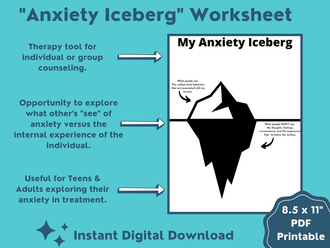 Anxiety Iceberg Worksheet: Mental Health Counseling Tool (printable PDF ...
