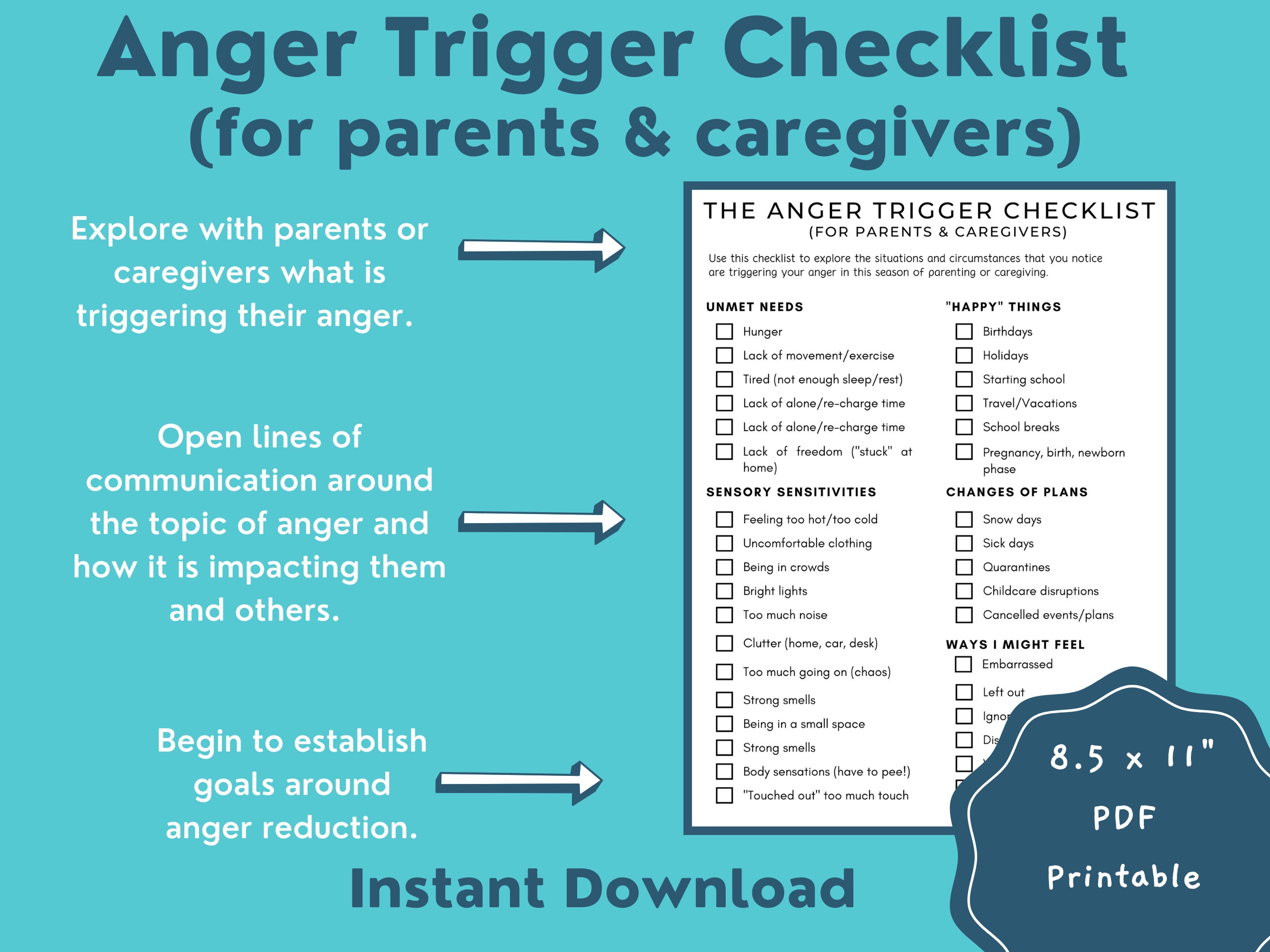 Anger Trigger Checklist for Parents and Caregivers- Anger Management ...