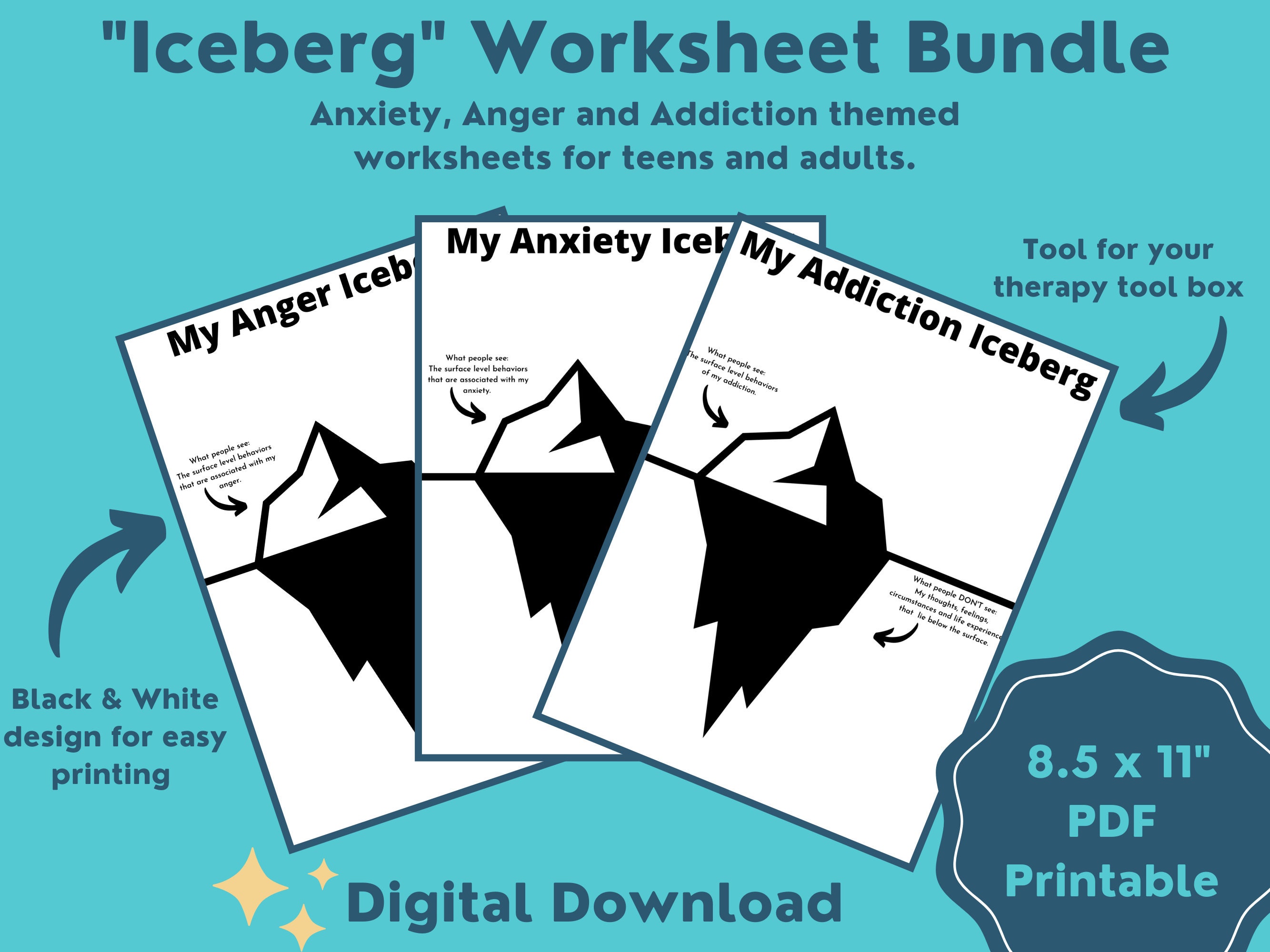 Iceberg Worksheet Bundle, Anger, Anxiety, Addiction Focused Therapy ...